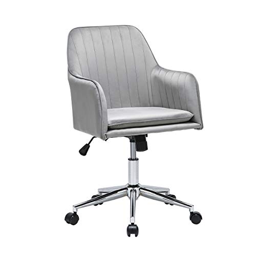 BURENMTO Home Office Chair, Modern Velvet Desk Chair with Wheels, 360° Swivel & Height Adjustable Ergonomic Desk Chairs, Mid Back Chair with Arms & Stainless Base for Bedroom,Study(Grey)