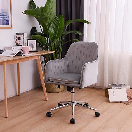 BURENMTO Home Office Chair, Modern Velvet Desk Chair with Wheels, 360° Swivel & Height Adjustable Ergonomic Desk Chairs, Mid Back Chair with Arms & Stainless Base for Bedroom,Study(Grey)