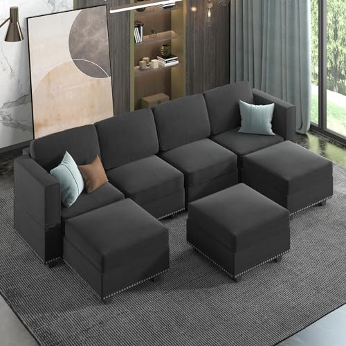 Mjkone Modular Sectional Sofa with Adjustable Armrest and Backrest for Living Room，U Shaped Couch 7 Seater Convertible Sectional Couch with Storage Ottoman -Dark Grey