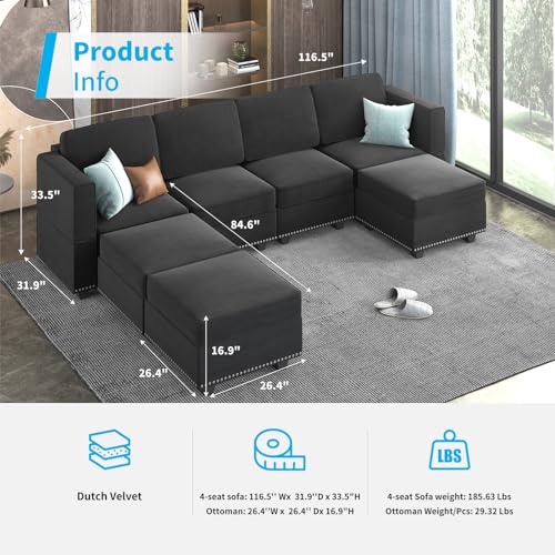 Mjkone Modular Sectional Sofa with Adjustable Armrest and Backrest for Living Room，U Shaped Couch 7 Seater Convertible Sectional Couch with Storage Ottoman -Dark Grey