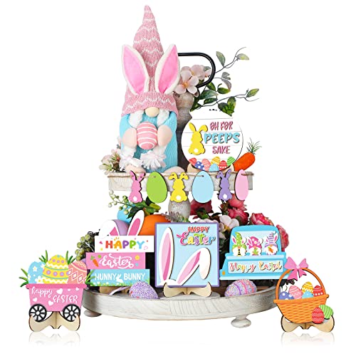 13 Pcs Easter Tiered Tray Decor Set Happy Easter Wooden Sign Gnome Plush Easter Egg Bunny Table Decor for Rustic Farmhouse Home Spring Easter Decorations