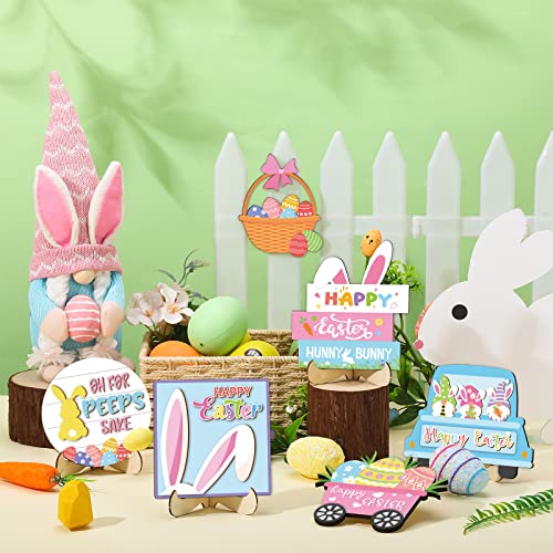 13 Pcs Easter Tiered Tray Decor Set Happy Easter Wooden Sign Gnome Plush Easter Egg Bunny Table Decor for Rustic Farmhouse Home Spring Easter Decorations