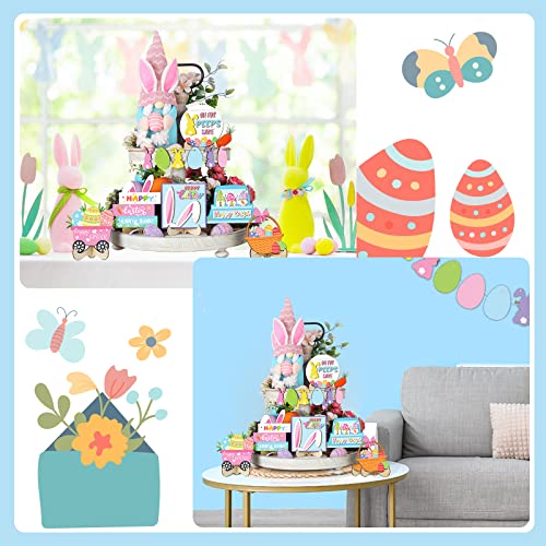 13 Pcs Easter Tiered Tray Decor Set Happy Easter Wooden Sign Gnome Plush Easter Egg Bunny Table Decor for Rustic Farmhouse Home Spring Easter Decorations