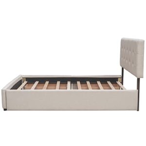 SIYSNKSI Modern Queen Size Platform Bed with 2 Drawers and 1 Twin XL Trundle, Upholstered Platform Bed Frame with Wood Slats and Headboard, Linen Fabric Storage Bed (Dark Beige-Queen-4)