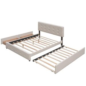 SIYSNKSI Modern Queen Size Platform Bed with 2 Drawers and 1 Twin XL Trundle, Upholstered Platform Bed Frame with Wood Slats and Headboard, Linen Fabric Storage Bed (Dark Beige-Queen-4)