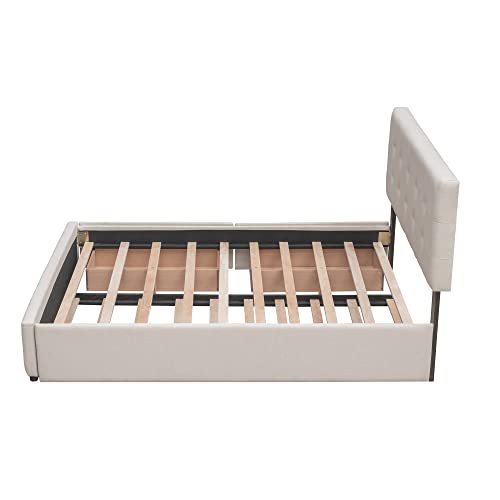 SIYSNKSI Modern Queen Size Platform Bed with 2 Drawers and 1 Twin XL Trundle, Upholstered Platform Bed Frame with Wood Slats and Headboard, Linen Fabric Storage Bed (Dark Beige-Queen-4)