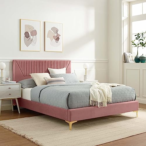 Modway Yasmine Channel Tufted Performance Velvet Twin Platform Bed in Dusty Rose