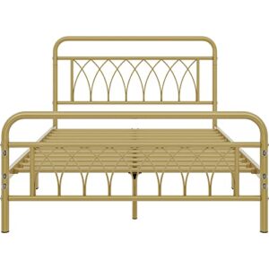 Topeakmart Metal Full Bed Frame Platform Bed with Petal Accented Headboard and Footboard, Ample Under-Bed Storage, Heavy Duty Steel Slat Support, No Box Spring Needed, Antique Gold