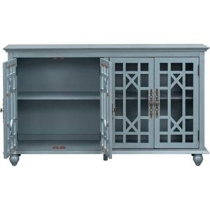 60" Modern Kitchen Cabinet Sideboard, Wood Buffet Server Cupboard Cabinet with 4 Doors and Metal Handles Entryway Cabinet Console Table with Adjustable Shelves for Living Room, Dining Room, Teal Blue