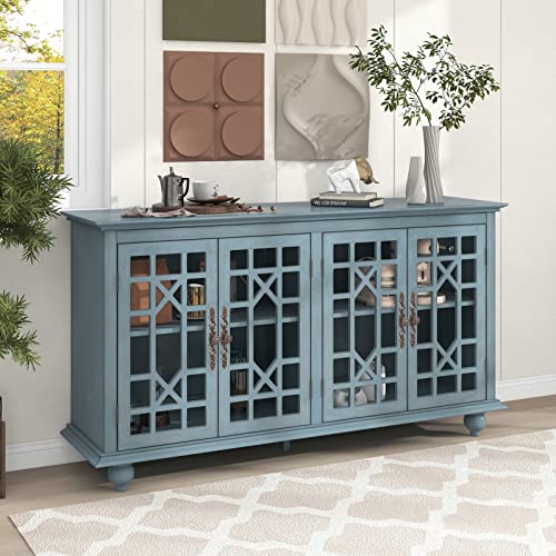 60" Modern Kitchen Cabinet Sideboard, Wood Buffet Server Cupboard Cabinet with 4 Doors and Metal Handles Entryway Cabinet Console Table with Adjustable Shelves for Living Room, Dining Room, Teal Blue