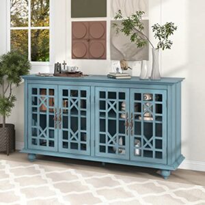 60" Modern Kitchen Cabinet Sideboard, Wood Buffet Server Cupboard Cabinet with 4 Doors and Metal Handles Entryway Cabinet Console Table with Adjustable Shelves for Living Room, Dining Room, Teal Blue