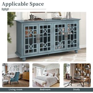 60" Modern Kitchen Cabinet Sideboard, Wood Buffet Server Cupboard Cabinet with 4 Doors and Metal Handles Entryway Cabinet Console Table with Adjustable Shelves for Living Room, Dining Room, Teal Blue