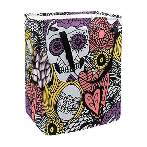 Mexican Skull Flower Print Collapsible Laundry Hamper, 60L Waterproof Laundry Baskets Washing Bin Clothes Toys Storage for Dorm Bathroom Bedroom