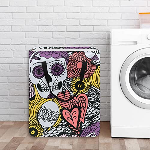 Mexican Skull Flower Print Collapsible Laundry Hamper, 60L Waterproof Laundry Baskets Washing Bin Clothes Toys Storage for Dorm Bathroom Bedroom