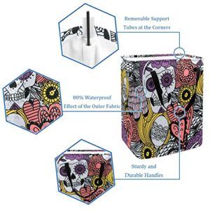 Mexican Skull Flower Print Collapsible Laundry Hamper, 60L Waterproof Laundry Baskets Washing Bin Clothes Toys Storage for Dorm Bathroom Bedroom