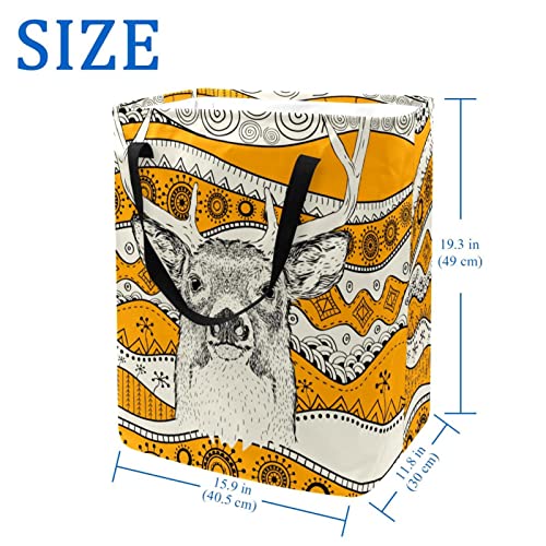 African Deer in Ethnic Tribal Pattern Print Collapsible Laundry Hamper, 60L Waterproof Laundry Baskets Washing Bin Clothes Toys Storage for Dorm Bathroom Bedroom