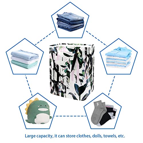 Abstract Leaves in Striped Print Collapsible Laundry Hamper, 60L Waterproof Laundry Baskets Washing Bin Clothes Toys Storage for Dorm Bathroom Bedroom