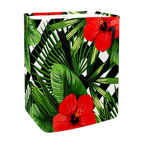 Red Hibiscus with Leaves in Striped Print Collapsible Laundry Hamper, 60L Waterproof Laundry Baskets Washing Bin Clothes Toys Storage for Dorm Bathroom Bedroom