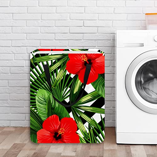 Red Hibiscus with Leaves in Striped Print Collapsible Laundry Hamper, 60L Waterproof Laundry Baskets Washing Bin Clothes Toys Storage for Dorm Bathroom Bedroom