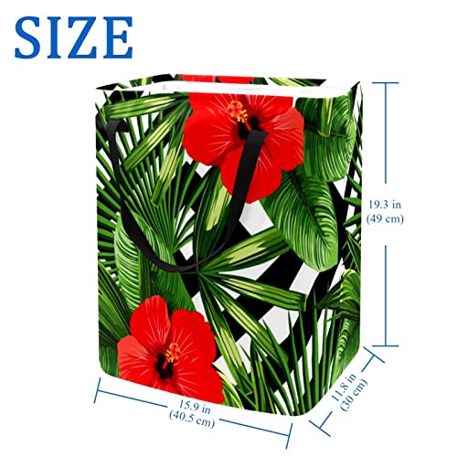 Red Hibiscus with Leaves in Striped Print Collapsible Laundry Hamper, 60L Waterproof Laundry Baskets Washing Bin Clothes Toys Storage for Dorm Bathroom Bedroom