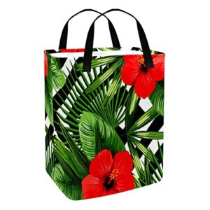 Red Hibiscus with Leaves in Striped Print Collapsible Laundry Hamper, 60L Waterproof Laundry Baskets Washing Bin Clothes Toys Storage for Dorm Bathroom Bedroom