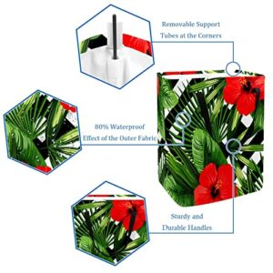 Red Hibiscus with Leaves in Striped Print Collapsible Laundry Hamper, 60L Waterproof Laundry Baskets Washing Bin Clothes Toys Storage for Dorm Bathroom Bedroom