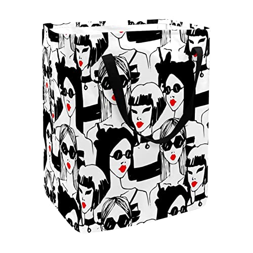 Fashion Girls in Red Lip Sunglasses Print Collapsible Laundry Hamper, 60L Waterproof Laundry Baskets Washing Bin Clothes Toys Storage for Dorm Bathroom Bedroom