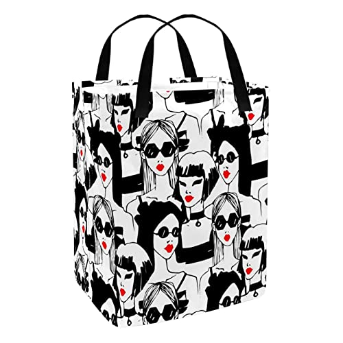 Fashion Girls in Red Lip Sunglasses Print Collapsible Laundry Hamper, 60L Waterproof Laundry Baskets Washing Bin Clothes Toys Storage for Dorm Bathroom Bedroom