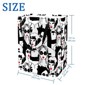 Fashion Girls in Red Lip Sunglasses Print Collapsible Laundry Hamper, 60L Waterproof Laundry Baskets Washing Bin Clothes Toys Storage for Dorm Bathroom Bedroom