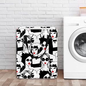 Fashion Girls in Red Lip Sunglasses Print Collapsible Laundry Hamper, 60L Waterproof Laundry Baskets Washing Bin Clothes Toys Storage for Dorm Bathroom Bedroom