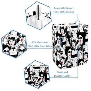 Fashion Girls in Red Lip Sunglasses Print Collapsible Laundry Hamper, 60L Waterproof Laundry Baskets Washing Bin Clothes Toys Storage for Dorm Bathroom Bedroom