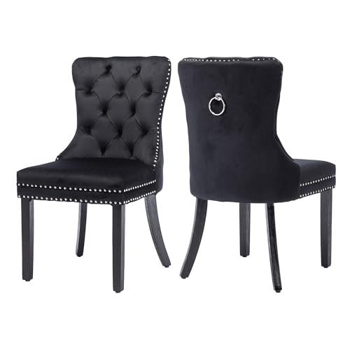 GOOLON Velvet Dining Chair Set of 2 Wingback Tufted Chairs for Dining Room Upholstered Dining Chairs with Nailhead Rivet Trim Design Pull Ring on Backrest Wood Legs for Kitchen Dining Room Black