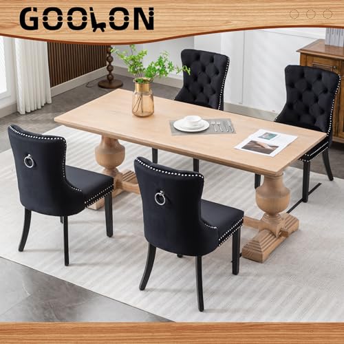 GOOLON Velvet Dining Chair Set of 2 Wingback Tufted Chairs for Dining Room Upholstered Dining Chairs with Nailhead Rivet Trim Design Pull Ring on Backrest Wood Legs for Kitchen Dining Room Black