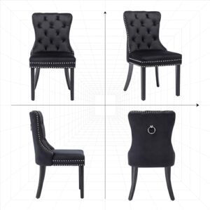 GOOLON Velvet Dining Chair Set of 2 Wingback Tufted Chairs for Dining Room Upholstered Dining Chairs with Nailhead Rivet Trim Design Pull Ring on Backrest Wood Legs for Kitchen Dining Room Black