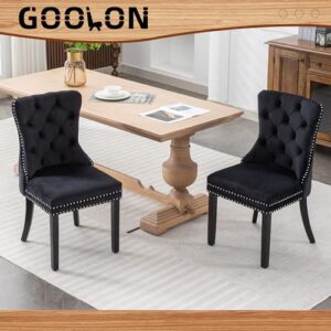 GOOLON Velvet Dining Chair Set of 2 Wingback Tufted Chairs for Dining Room Upholstered Dining Chairs with Nailhead Rivet Trim Design Pull Ring on Backrest Wood Legs for Kitchen Dining Room Black