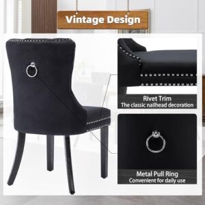 GOOLON Velvet Dining Chair Set of 2 Wingback Tufted Chairs for Dining Room Upholstered Dining Chairs with Nailhead Rivet Trim Design Pull Ring on Backrest Wood Legs for Kitchen Dining Room Black