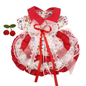 worparsen pet princess dress bowknot dress up bright color floral print pet cats dogs princess dress lolita clothes with cherry hair clip pet supplies red xs