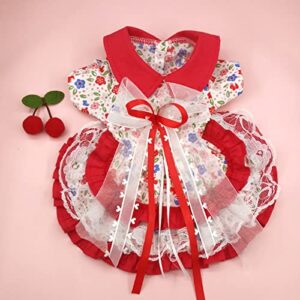 Worparsen Pet Princess Dress Bowknot Dress Up Bright Color Floral Print Pet Cats Dogs Princess Dress Lolita Clothes with Cherry Hair Clip Pet Supplies Red XS