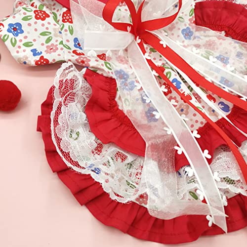 Worparsen Pet Princess Dress Bowknot Dress Up Bright Color Floral Print Pet Cats Dogs Princess Dress Lolita Clothes with Cherry Hair Clip Pet Supplies Red XS