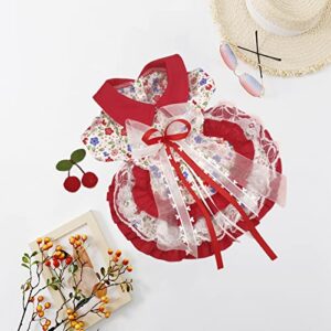 Worparsen Pet Princess Dress Bowknot Dress Up Bright Color Floral Print Pet Cats Dogs Princess Dress Lolita Clothes with Cherry Hair Clip Pet Supplies Red XS