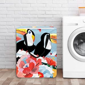 Birds Toucans on a Floral Print Collapsible Laundry Hamper, 60L Waterproof Laundry Baskets Washing Bin Clothes Toys Storage for Dorm Bathroom Bedroom