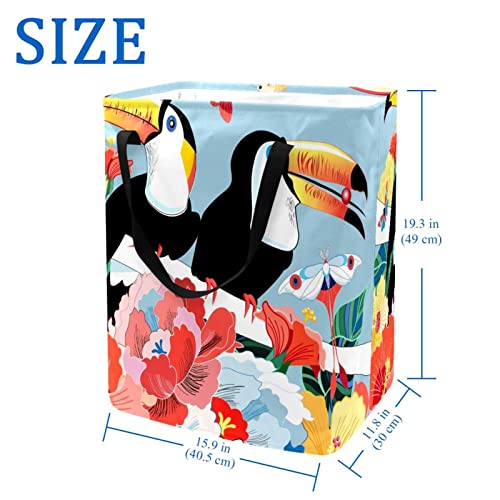 Birds Toucans on a Floral Print Collapsible Laundry Hamper, 60L Waterproof Laundry Baskets Washing Bin Clothes Toys Storage for Dorm Bathroom Bedroom