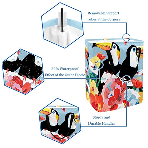 Birds Toucans on a Floral Print Collapsible Laundry Hamper, 60L Waterproof Laundry Baskets Washing Bin Clothes Toys Storage for Dorm Bathroom Bedroom