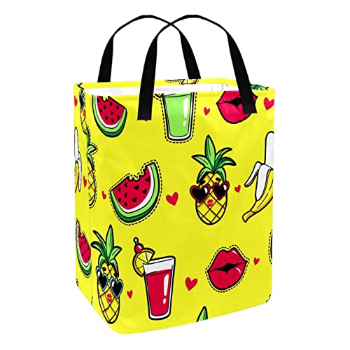 Pineapple Cocktail Watermelon Banana Print Collapsible Laundry Hamper, 60L Waterproof Laundry Baskets Washing Bin Clothes Toys Storage for Dorm Bathroom Bedroom