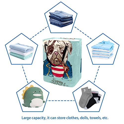 Pirate Pug Dog Print Collapsible Laundry Hamper, 60L Waterproof Laundry Baskets Washing Bin Clothes Toys Storage for Dorm Bathroom Bedroom