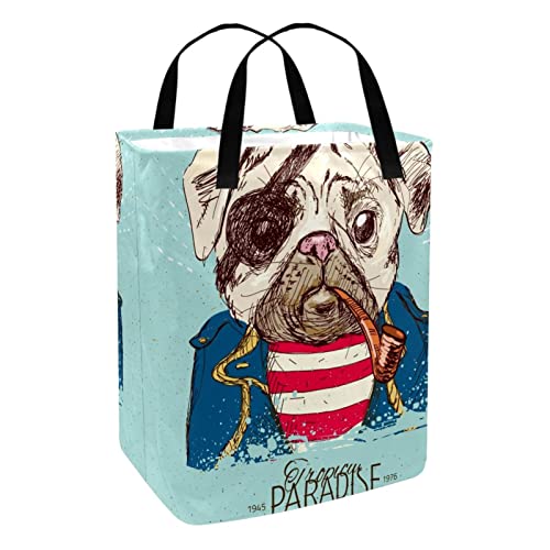 Pirate Pug Dog Print Collapsible Laundry Hamper, 60L Waterproof Laundry Baskets Washing Bin Clothes Toys Storage for Dorm Bathroom Bedroom