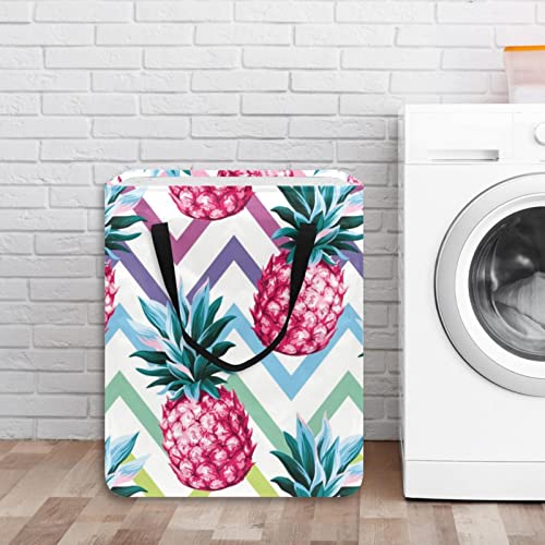 Pineapple in Chervon Print Collapsible Laundry Hamper, 60L Waterproof Laundry Baskets Washing Bin Clothes Toys Storage for Dorm Bathroom Bedroom