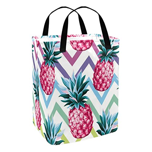 Pineapple in Chervon Print Collapsible Laundry Hamper, 60L Waterproof Laundry Baskets Washing Bin Clothes Toys Storage for Dorm Bathroom Bedroom