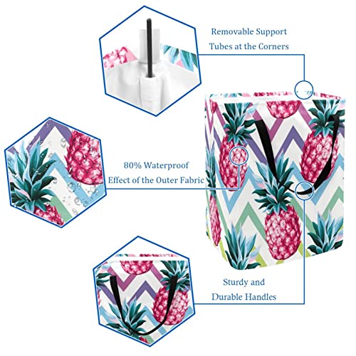 Pineapple in Chervon Print Collapsible Laundry Hamper, 60L Waterproof Laundry Baskets Washing Bin Clothes Toys Storage for Dorm Bathroom Bedroom