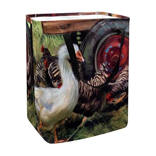 Farm Animals Goose Chinckens Painting Print Collapsible Laundry Hamper, 60L Waterproof Laundry Baskets Washing Bin Clothes Toys Storage for Dorm Bathroom Bedroom